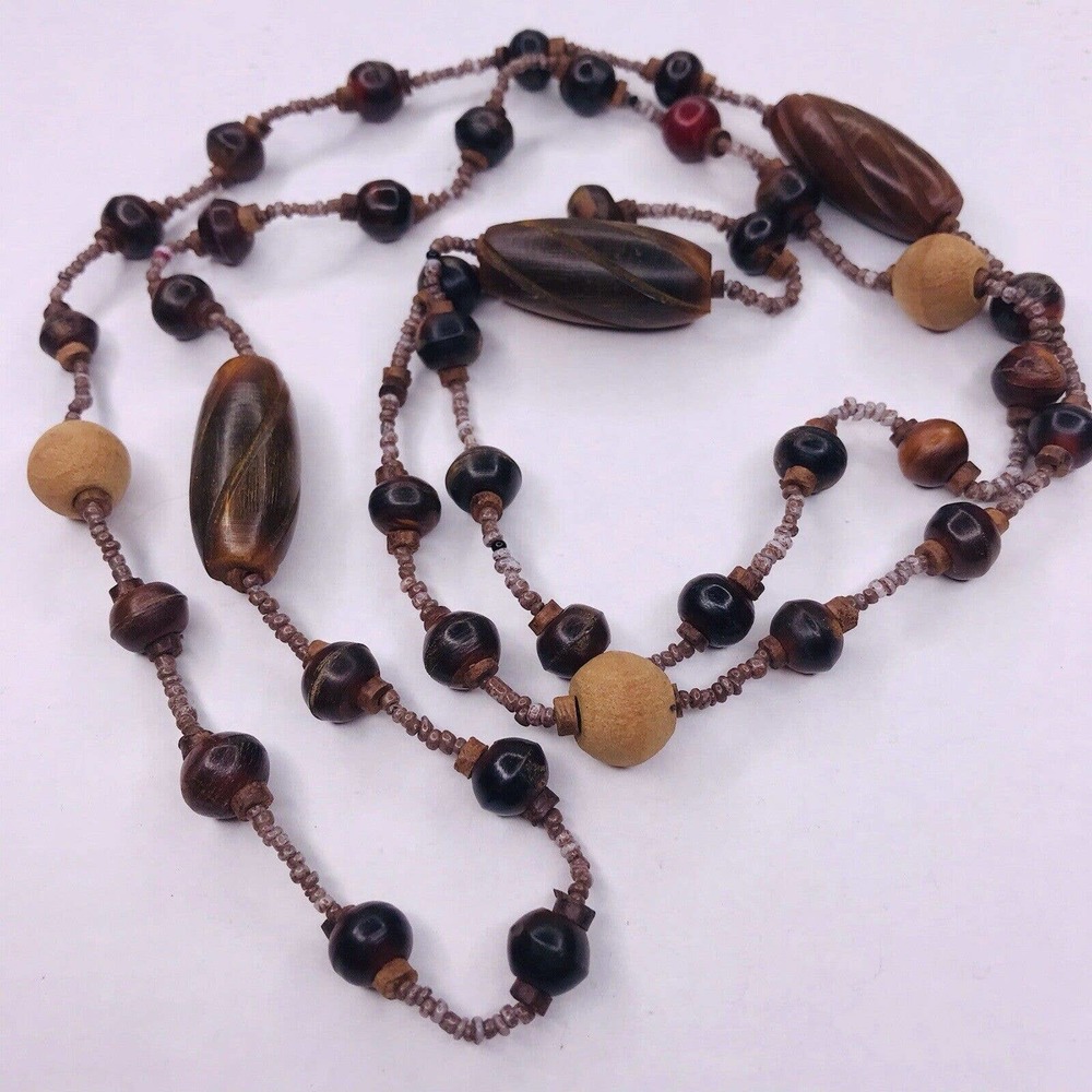 Carved Wood Bead Continuous Necklace Seed Bead Browns… - Gem